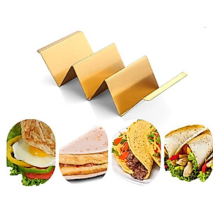 JYJFGSFA 4 Pcs Gold Taco Holders Set with 1 Food Tong, Stainless Steel Taco Stand with Handles for Party, Holds Up to 3 Tacos Each, Dishwasher Oven safe