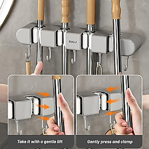 BBASILIYSD Punch Free Multifunctional Mop Holder,Multifunctional Mop Holder with Hook, Wall Mount Self Adhesive Broom,Broom Handle Holder with 3/4/5 Holders,for Kitchen, Bathroom, Garage