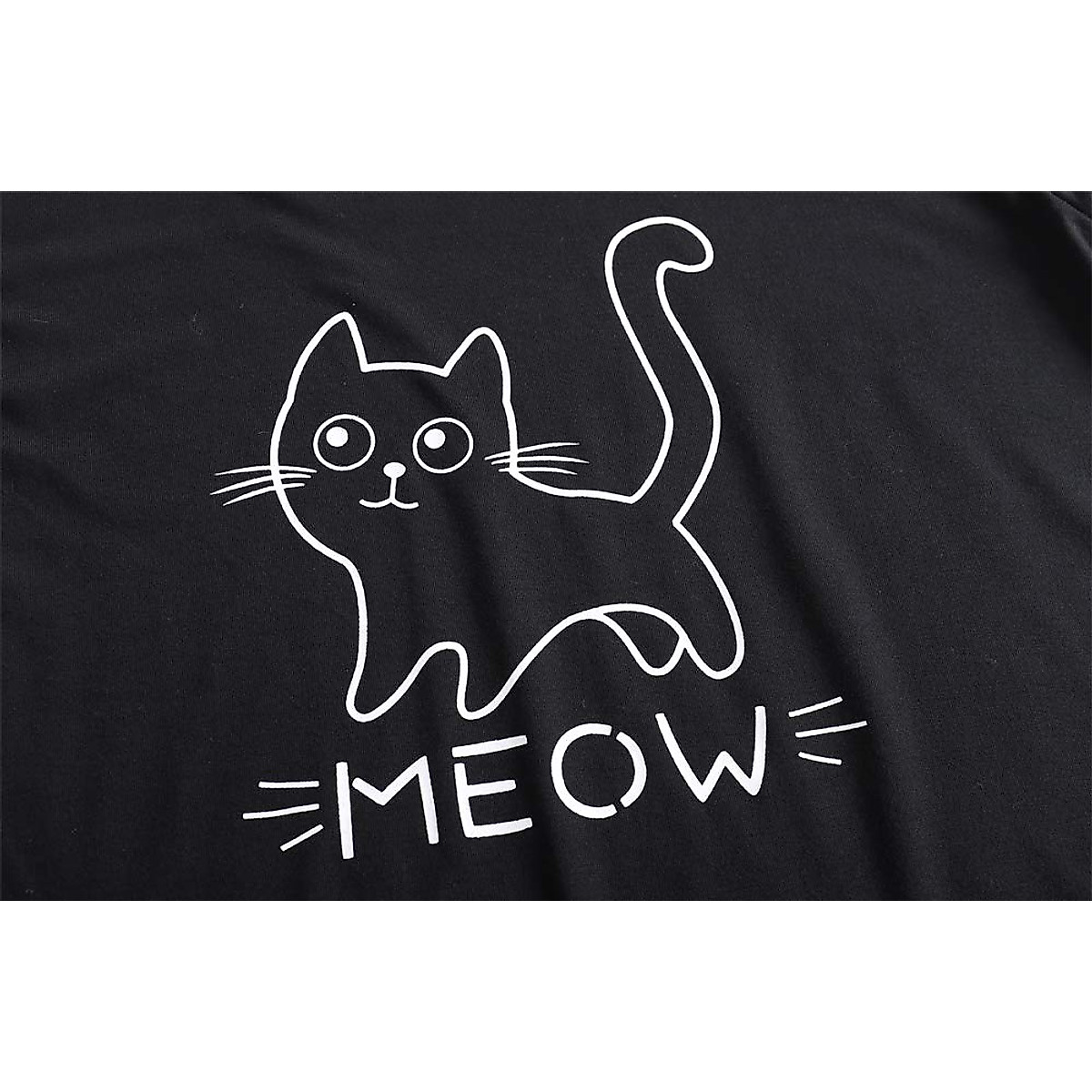 VENTELAN Pajamas for Women 2 Piece Cute Cat Sleepwear Pajama Sleep Set, Black, Large(USA Size:12-14)