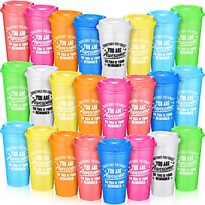 Skylety 24 Pcs Thank You Gifts You Are Awesome Coffee Cups with Lid 16 oz Plastic Tumblers Bulk Inspirational Christmas Appreciation Gift for Employee Coworker Teacher Colleague (Bright Colors)