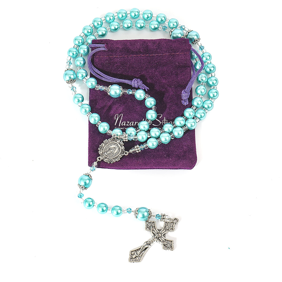 Nazareth Store Blue Pearl Beads Womens Rosary Handcrafted Beaded Necklace with Miraculous Medal and Jesus Cross