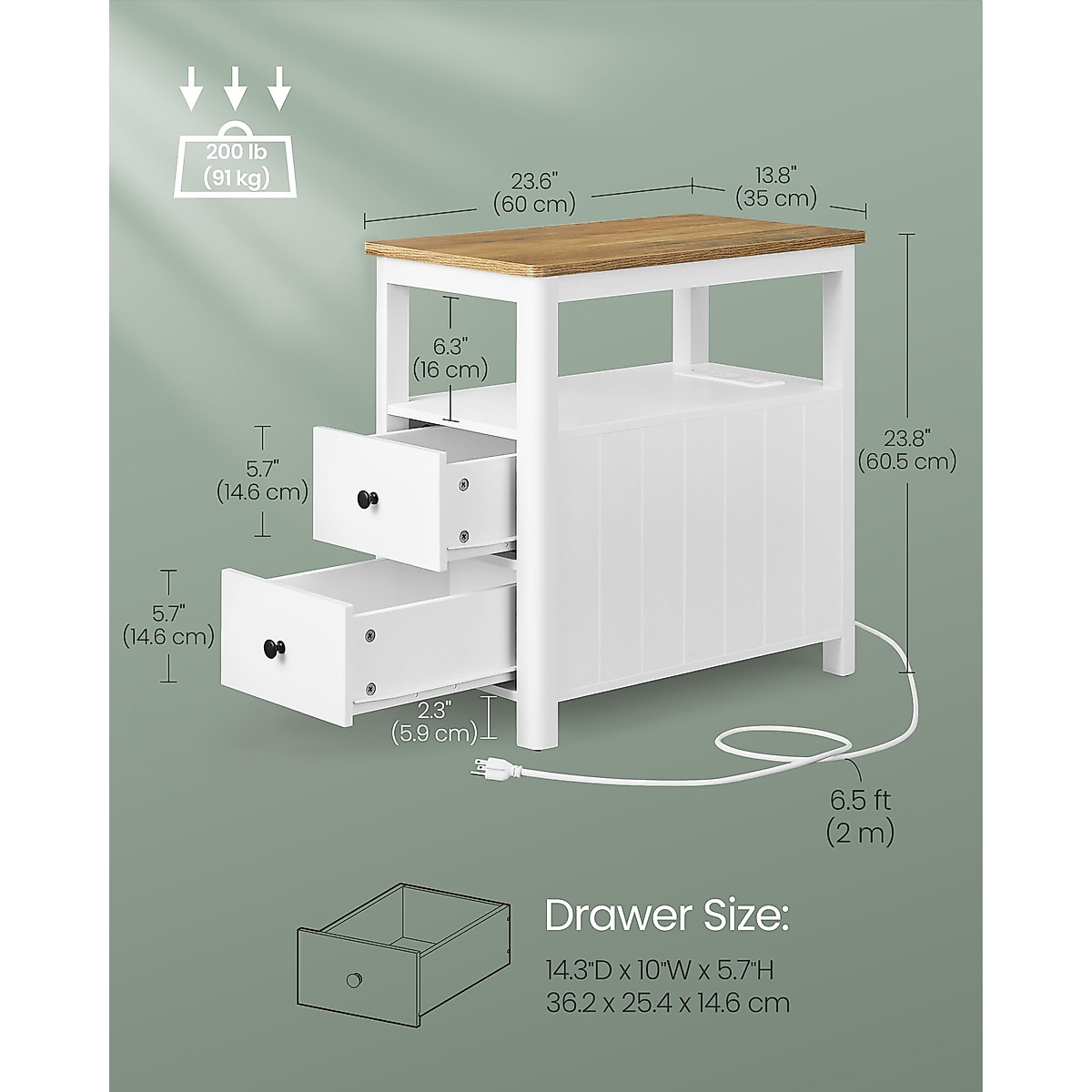 VASAGLE Side Table with Charging Station, Narrow Nightstand with 2 Drawers, Living Room End Table with Storage, for Small Spaces, Coastal Style, Rustic Walnut and Classic White ULET322T14