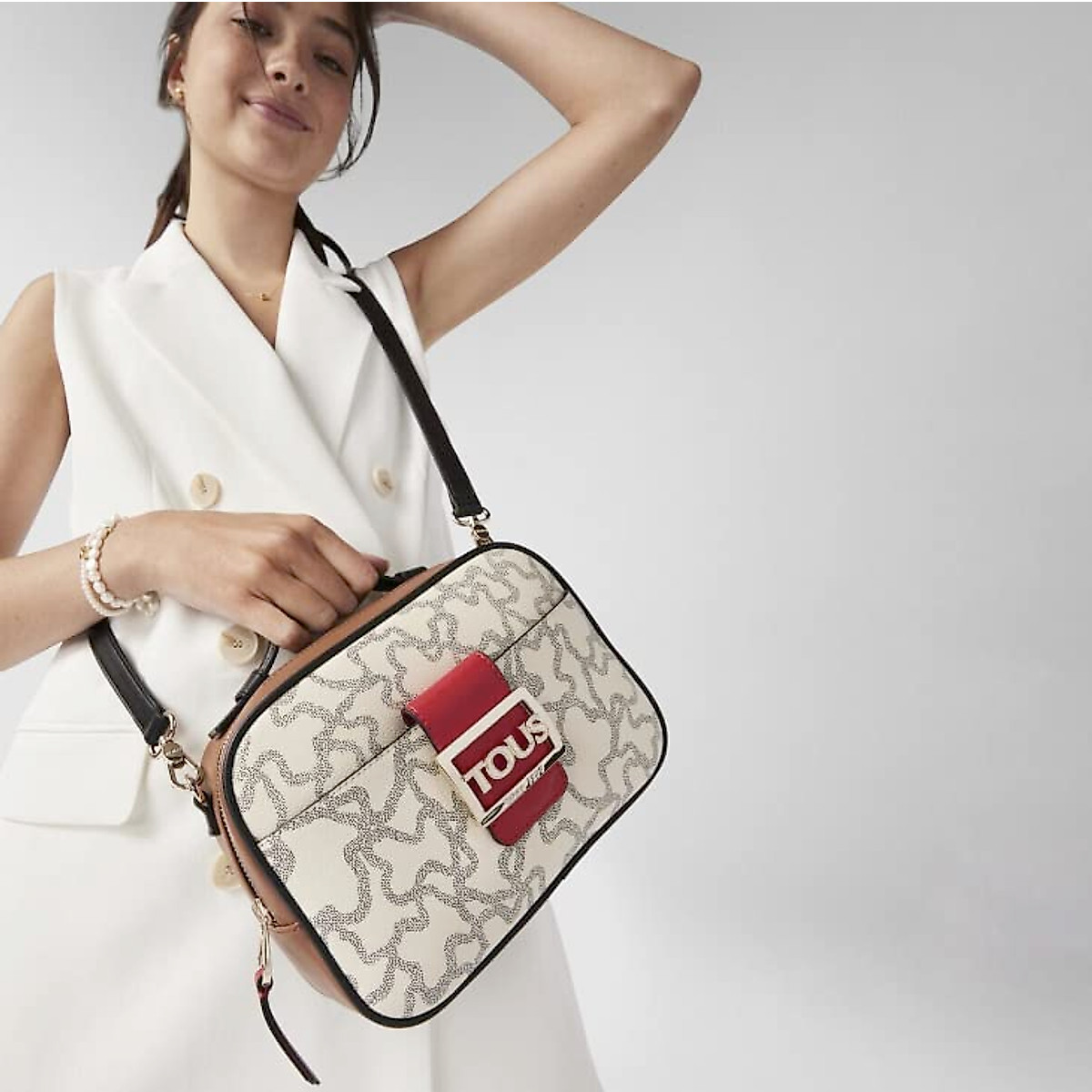 TOUS Water-Repellent Canvas Combined with Leather-Effect Vinyl Crossbody Reporter Bag for Women, 24x10.5x20.5 cm, Multibeige, Kaos Icon Collection