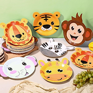 Sunnyray 72 Pcs Jungle Safari Paper Plates 7" Animal Shaped Disposable Dessert Dinner Plates Safari Birthday Party Plates Dinnerware Decorative for Birthday Baby Shower Jungle Animal Party Supplies
