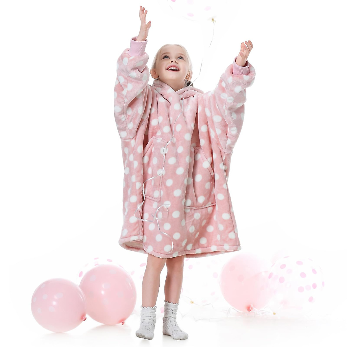 Aemicion Kids Blanket Hoodie,Oversized Wearable Blanket,Cozy Sherpa Sweatshirt Blanket,Gifts for Kids-Pink Polka Dot