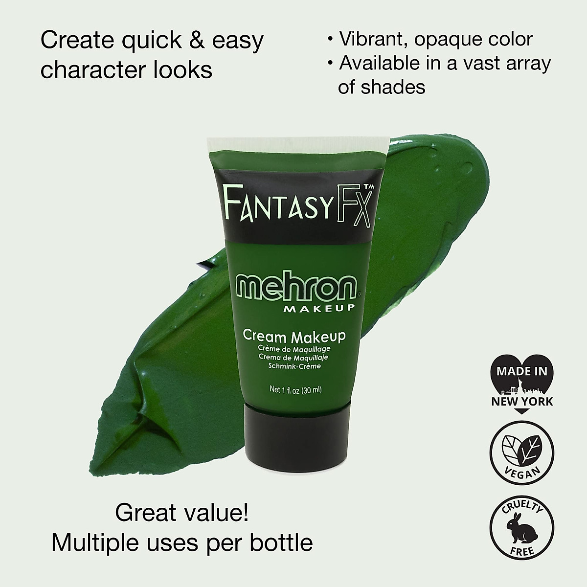 Mehron Makeup Fantasy FX Cream Makeup | Water Based | Halloween | Kelly Green Face Paint & Body Paint For Adults 1 fl oz (30ml) (KELLY GREEN)
