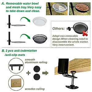 CQAIRIOU Upgraded Bird Feeding Station Kit,Deck Railing Bird Feeder Pole with 3 Hooks,Bird Bath,Mesh Tray and Suet Cage,Multi-Design Style,Used for Balcony Bird Feeder&Plant Hanger