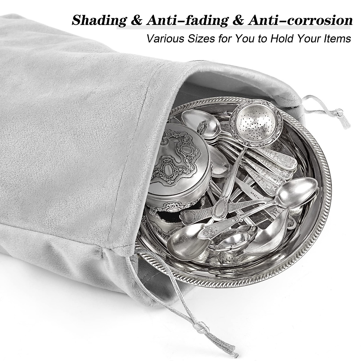 Kochorie 6 Pack Silver Storage Bags Anti Tarnish Storage Bag Fabric Cloth Bags with Diverse Sizes for Jewelry Silverware Protection Flatware Plate Tarnish, Grey