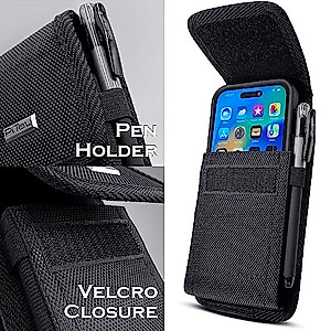 PiTau Cell Phone Belt Holder for iPhone 14, 14 Pro, 13, 13 Pro, 12, 12 Pro, 11, XR Black Nylon Holster Case with Belt Clip Carrying Pouch Cover (Fits iPhone 14 13 12 11 with Protective Cases) Small