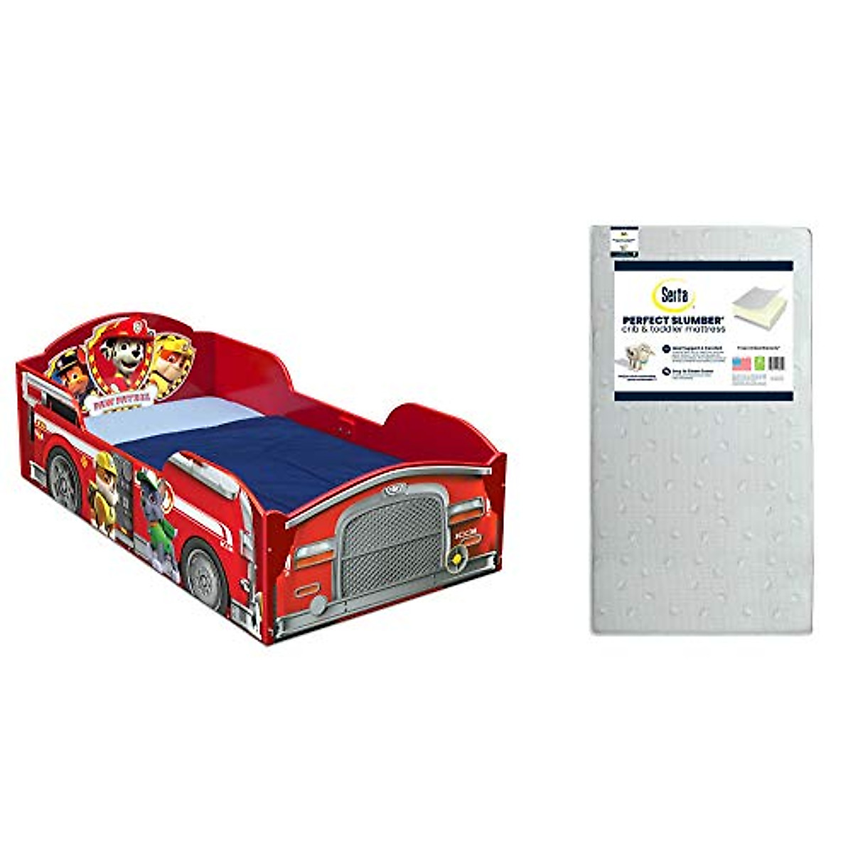 Delta Children Wood Toddler Bed, Nick Jr. PAW Patrol + Serta Perfect Slumber Dual Sided Recycled Fiber Core Toddler Mattress (Bundle)