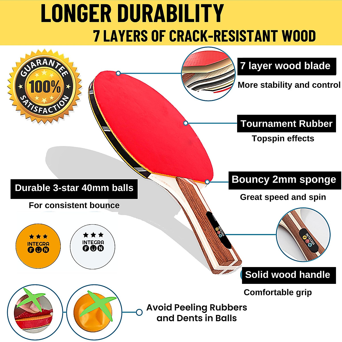 IntegraFun Pro Ping Pong Paddle Set with Ping Pong Net- Bracket Clamps,3-star Ping Pong Balls, Storage Case - Retractable Net and Post Set Adjustable to any Table - Indoor Outdoor Games for Family