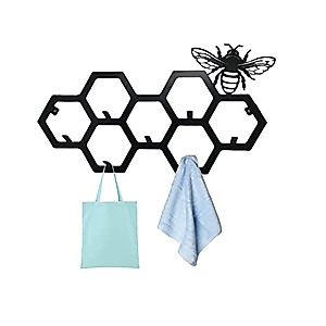 Bee Coat Rack Wall Mounted, Bee Decor, Bee with Honeycomb Metal Art Wall Decor, Bee Key Rack Beehive Wall Rack for Hanging Hats Keys Towels Jewelry Necklace and More, 16.5 x 8.9 x 1.37 Inches
