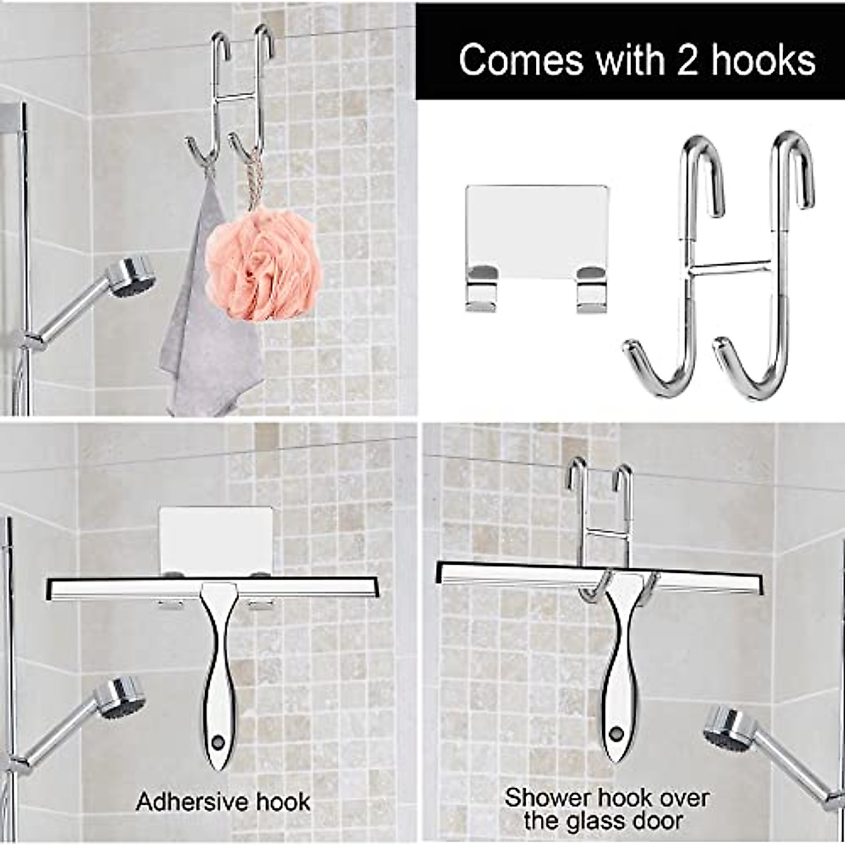 Squeegee for Shower Glass Door 12 Inch with Hooks, Shower Door Hook and Adhesive Hook, Stainless Steel Squeegee with Handle Rust Proof for Bathroom Glass Door, Mirror, Tile and Window Cleaning, Silver