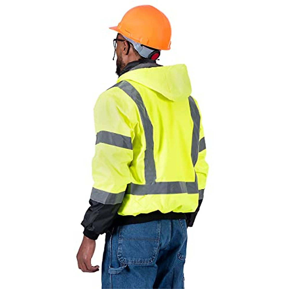 Pioneer Hi Vis Safety Bomber for Men - Waterproof, Reflective, ANSI Class 3, Winter Rain Jacket with Detachable Hood