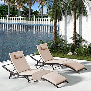 Gotland Patio Chaise Lounge Sets Outdoor Rattan Adjustable Back 3 Pieces Cushioned Patio Folding Chaise Lounge with Folding Table