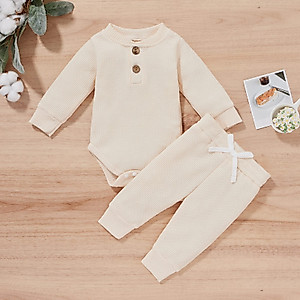 Thorn Tree Newborn Baby Boy Girl Long Sleeve Clothes Set Unisex Baby Knitted Outfits Infant Solid Snap Bodysuit Ribbed Pants (Beige,0-3 Months)