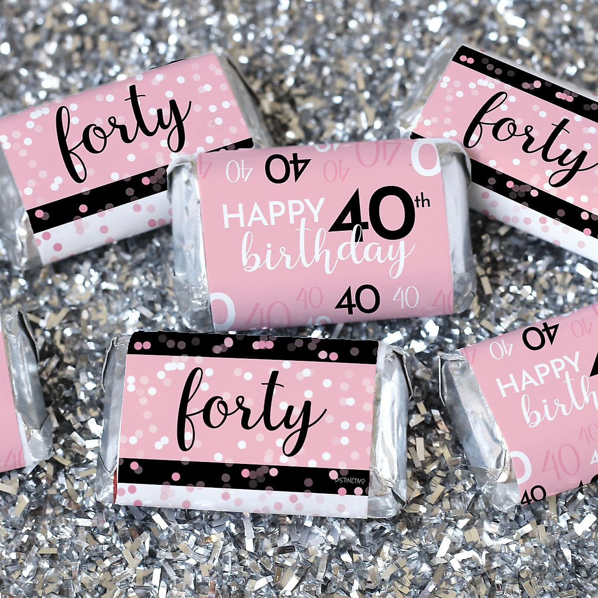 DISTINCTIVS Pink, Black, and White 40th Birthday Party Mini Candy Bar Wrappers - 45 Count, Pink Birthday Decorations for Women