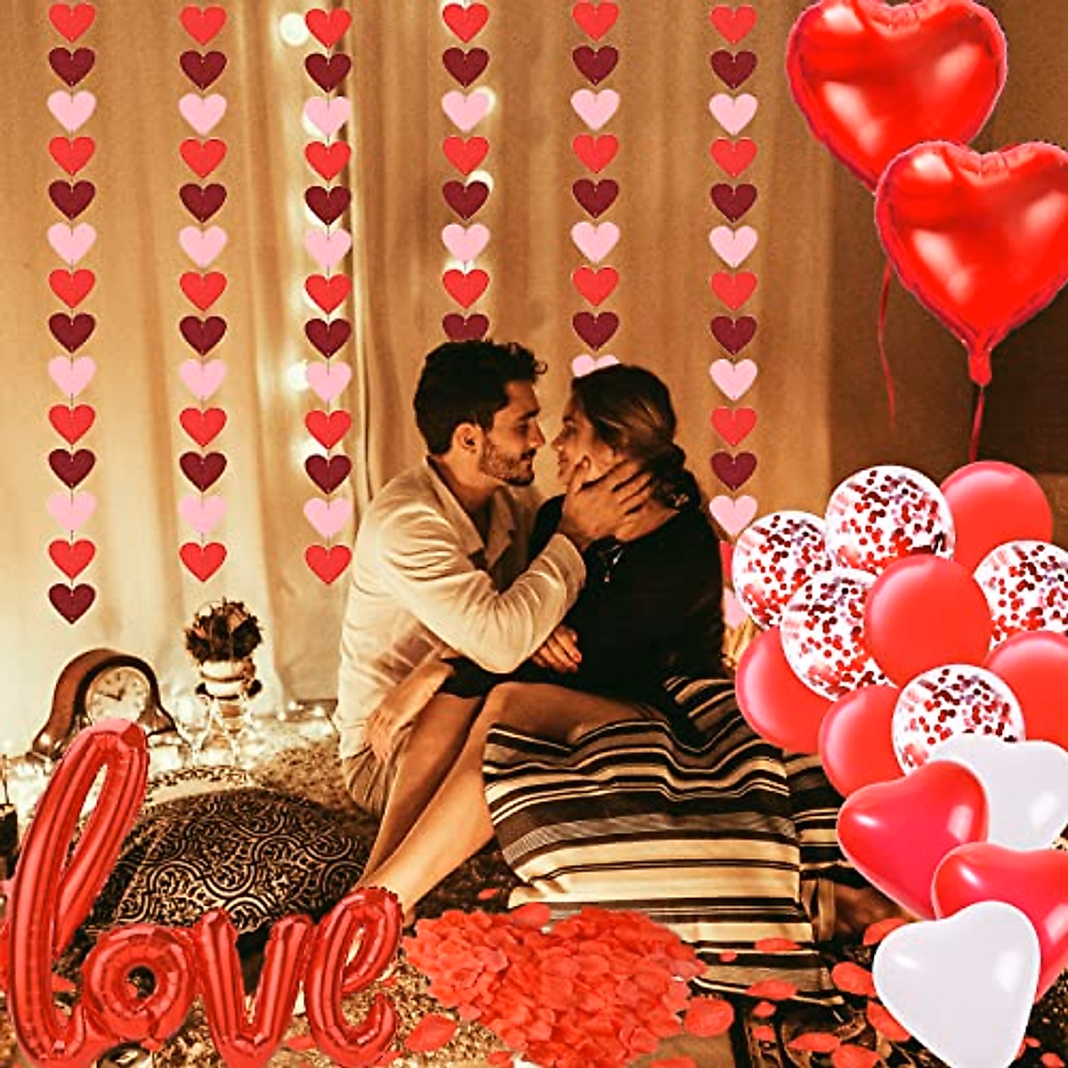 Valentines Day Decorations Set Romantic Bear Heart Banner Set Red Heart and Love Foil Balloons Red White Latex Balloons with 1000pcs Red Rose Petals Party Decor for Wedding Engagement Anniversary