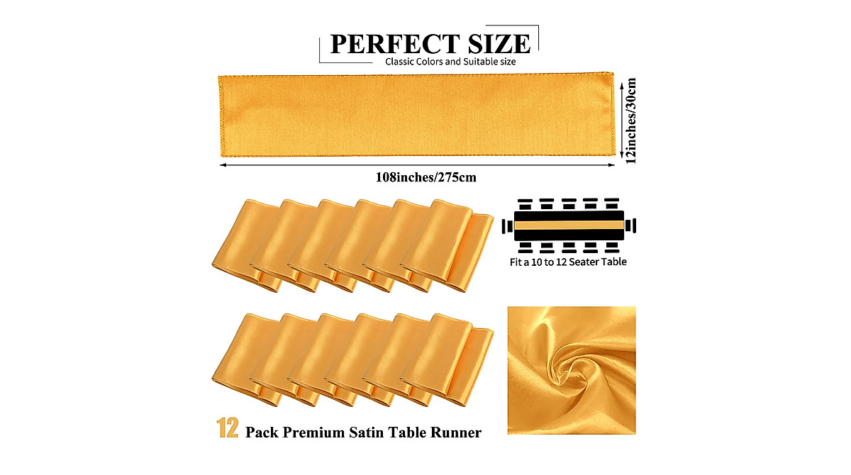 Gold Satin Table Runners 12 Pack for Elegant Event Decor