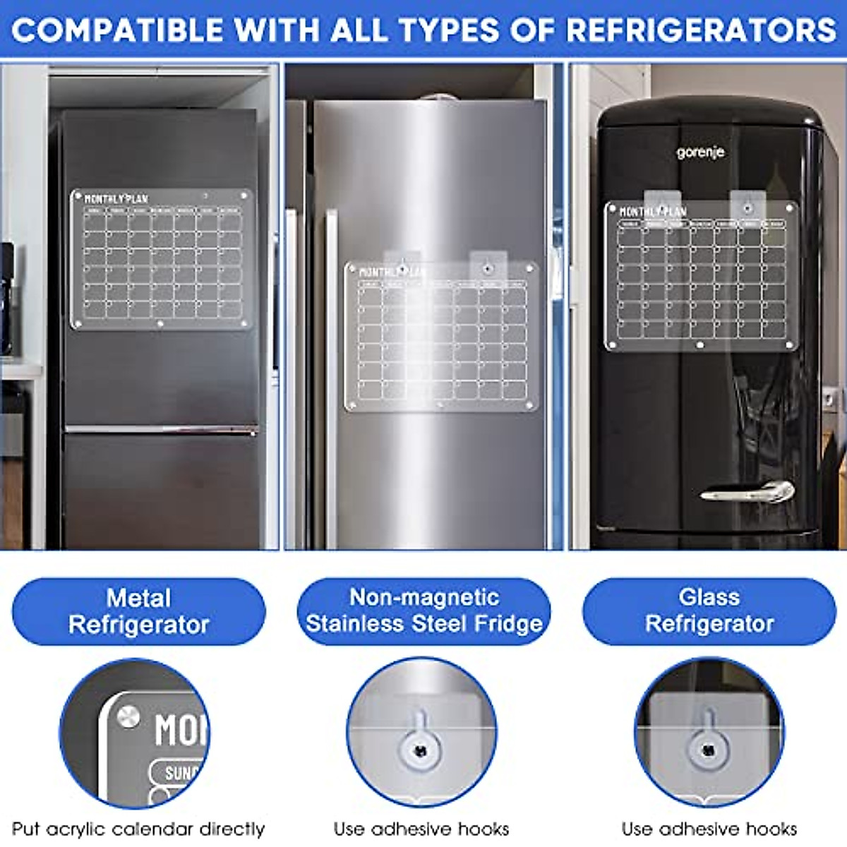 Acrylic Magnetic Dry Erase Board for Fridge 16"X12", Adhesive Monthly Acrylic Calendar Board for Refrigerator/Wall, Clear Acrylic Fridge Calendar White Board with 6 Dry Erase Markers and Eraser