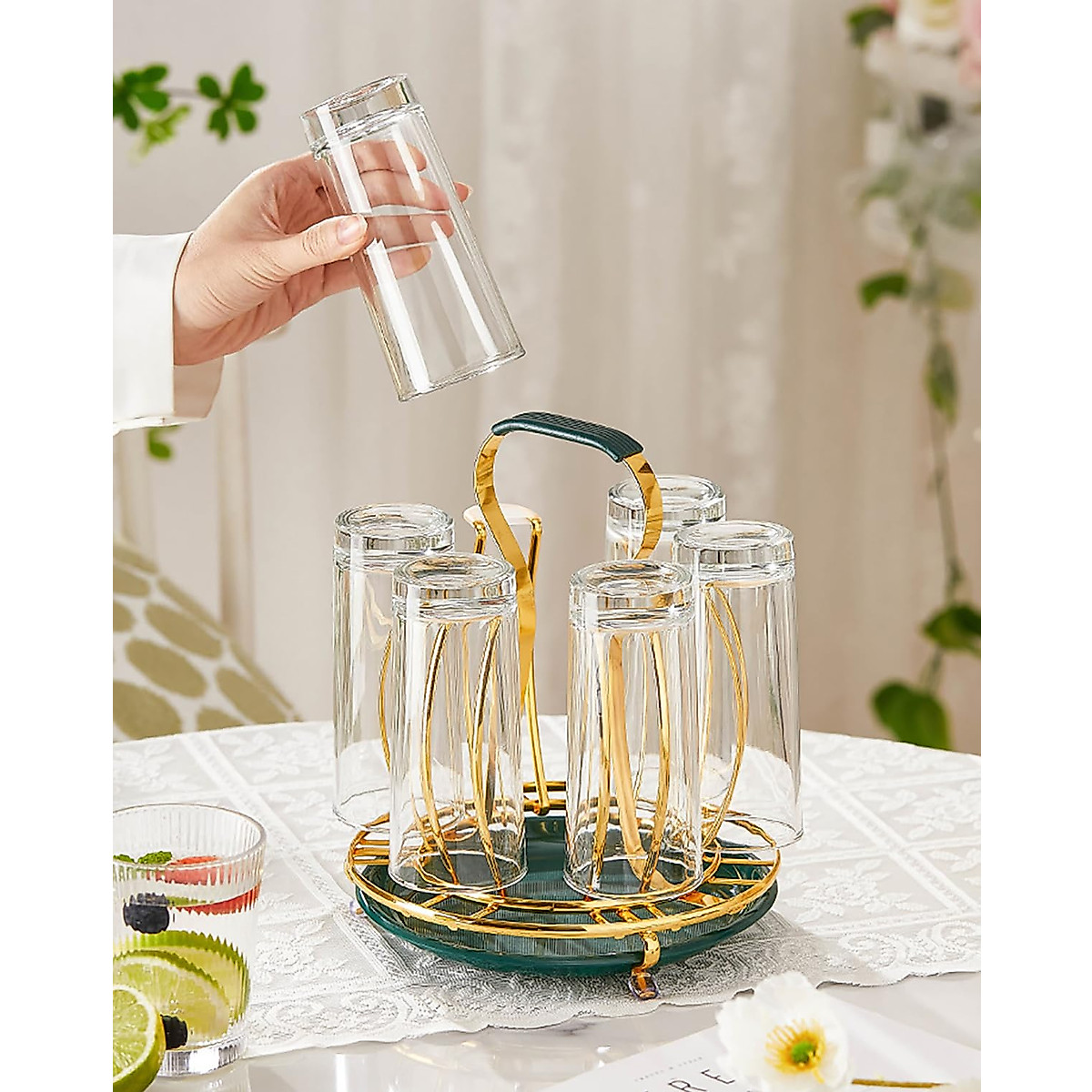 Alunsito Cup Drying Rack Beer Glasses Stand 6 Mugs Metal Drainer Holder Non-Slip Mugs Organizer with Handle for Sink, Coffee Table, Outdoor