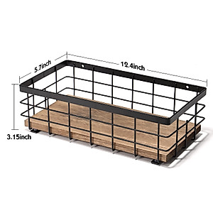 TJ.MOREE 2-Pack Small Metal Wire Basket, Decorative Wood Base Organizer for Bathroom, Kitchen, Basket for Toilet Paper Storage, Sugar Packet, Coffee Syrup, Guest Towel, Napkin
