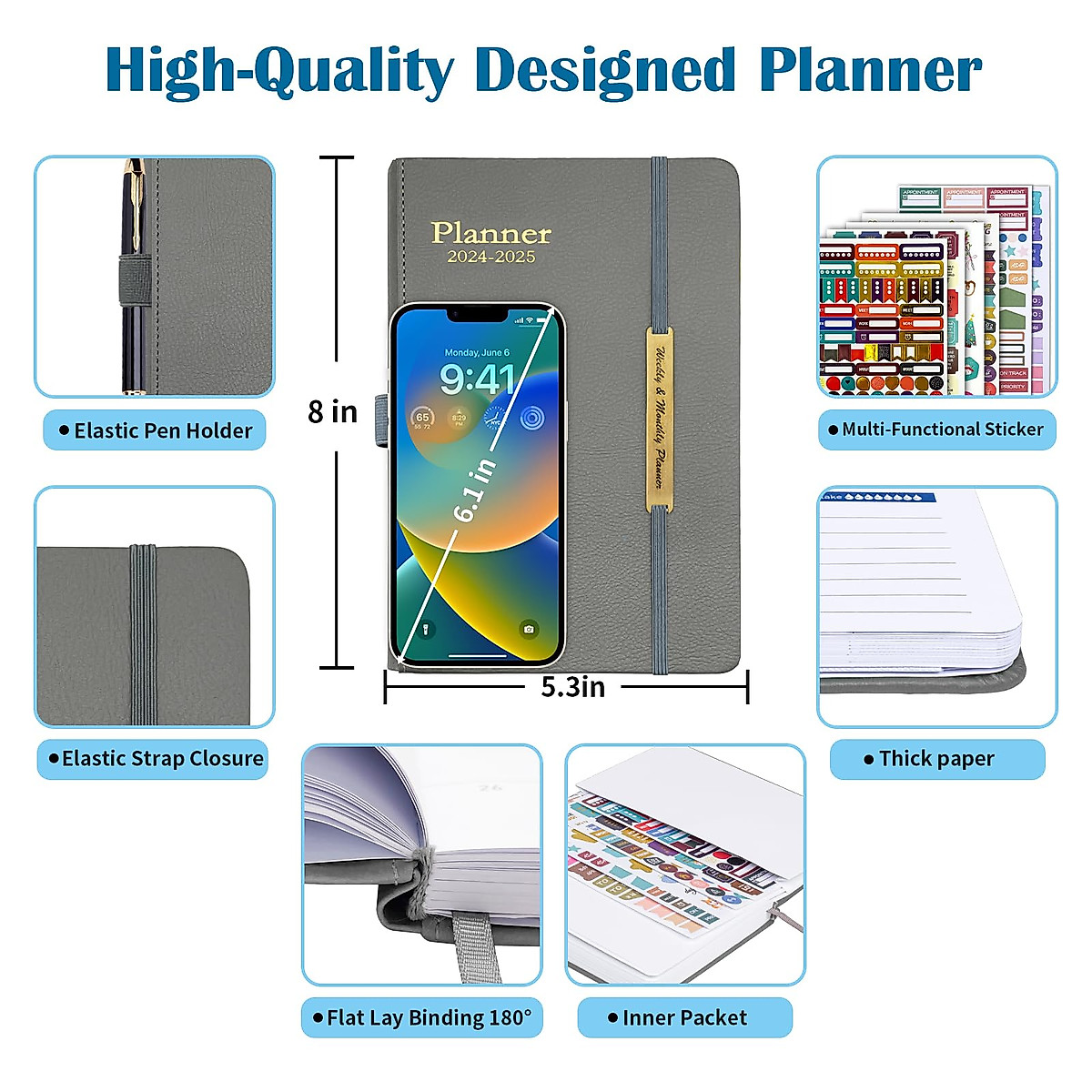 2024-2025 Leather Planner Weekly and Monthly,18 Months Calendar book,2024 Academic Planner From Jan. 2024 - Jun. 2025,2024 Appointment Book,Daily Agenda,Yearly Teachers Planner(5.7 X 8.3" Grey)