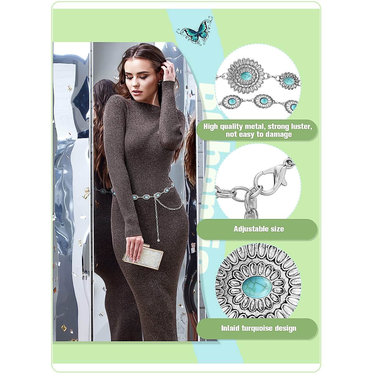 Epakh Turquoise Chain Belt Western Concho Belts for Women Silver Oval Belt Adjustable Metal Waist Belts for Dresses, One Size(Classic Style, 2 Pieces)