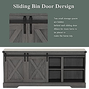 St.Mandyu Farmhouse TV Stand for TVs up to 65 inch, Wood Entertainment Center with Sliding Barn Doors, Media Console Storage Cabinets with Adjustable Shelves for Living Room Bedroom Office, Grey