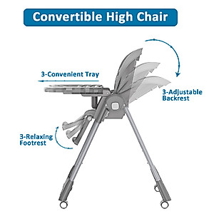 High Chair for Babies and Toddlers,3-in-1 Portable Highchair Toddler Chair, Folding & Height Adjustable Infant High Chair Dining Booster Seat with Wheels,Footrest and Meal Tray (Grey)