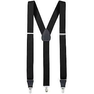 HOLD'EM Suspender for Men Made in USA Y-Back Leather Crosspatch Clip on tuxedo suspenders-Black (Regular - 46")