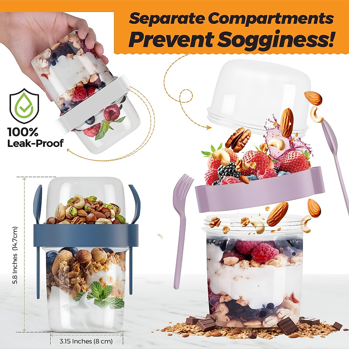 QUASLEQ 4-Pack Yogurt Parfait Cups - with Lids and Spoons - Reusable Yogurt Containers for On-the-Go - Portable Yogurt Cups with Topping Storage - Ideal for Oatmeal and Breakfast Prep (22 oz-650 Ml)
