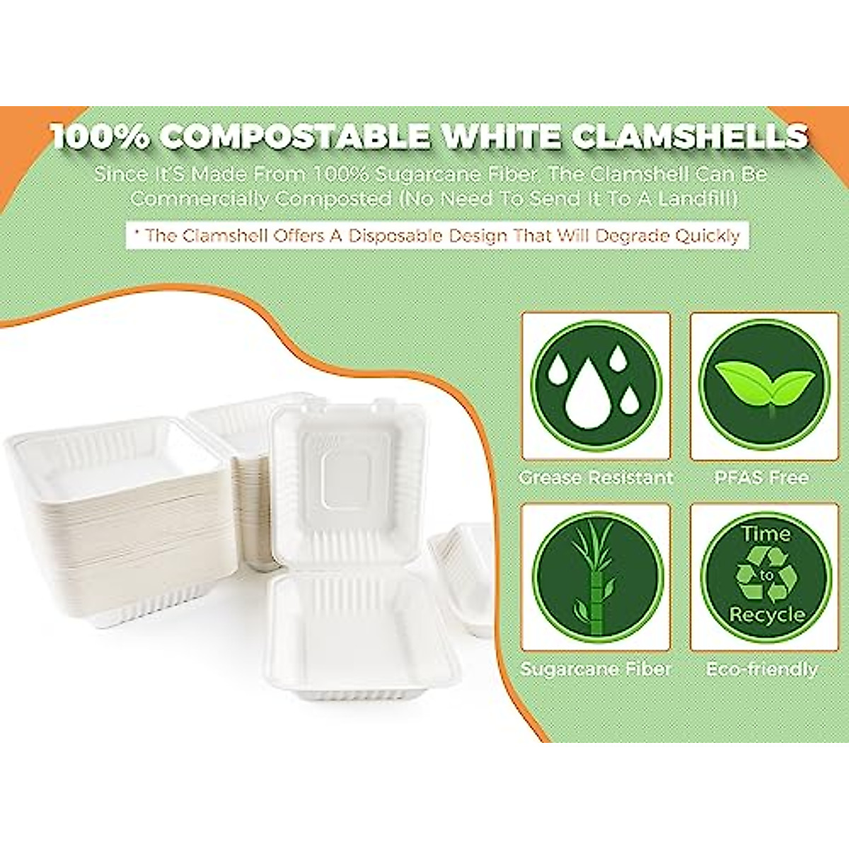 AUEAR, 8 Inch [50 Pack], Compostable Clamshell Take Out Food Containers, To Go Boxes for Food, Natural Disposable Clamshell Food Container, Eco-Friendly, Heavy - Duty To-Go Containers