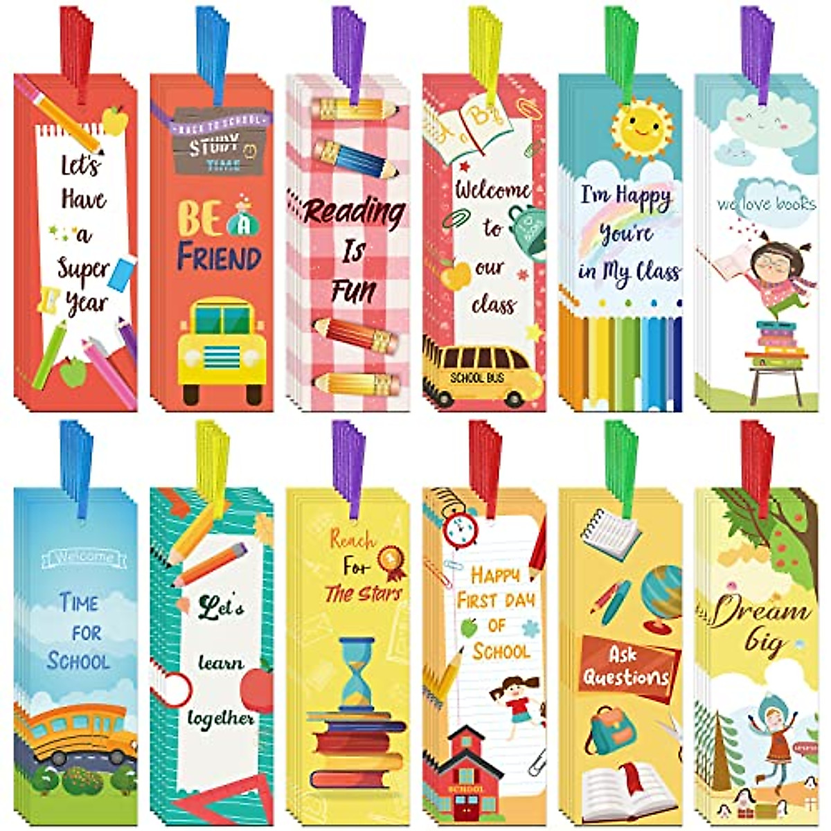 120 Pack Back to School suppies for Students, First Day of School Bookmarks, Kids Bookmarks with 120 Pack Hanging Ropes for Back to School Decor Kindergarten Classroom Teachers Inspirational Awards