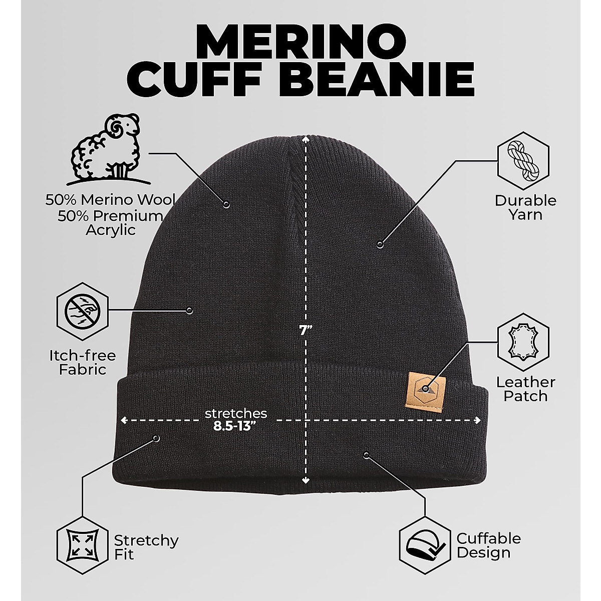 Tough Headwear Winter Beanie Knit Hat for Men & Women - Merino Wool Ribbed Cap - Warm & Soft Stylish Toboggan Skull Caps for Cold Weather - Basic - Black