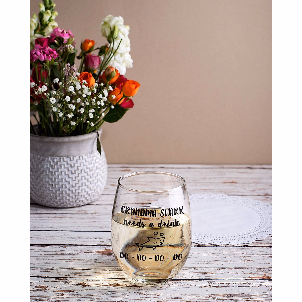 Grandma & Grandpa Shark Needs a Drink Do Do Do Do Funny Novelty Stemless Wine Glass with Sayings - Gifts for Grandparents - Birthday, Christmas, Mothers Day, Father's Day Gifts - 2 Pack (15oz)