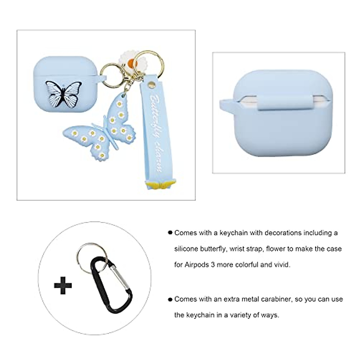 Jeriwell Compatible with AirPods 3rd Generation Case Cover Soft Silicone Waterproof 3D Butterfly with Keychain for Airpods 3 Charging Case 2021 for Women Girls (Light Blue)