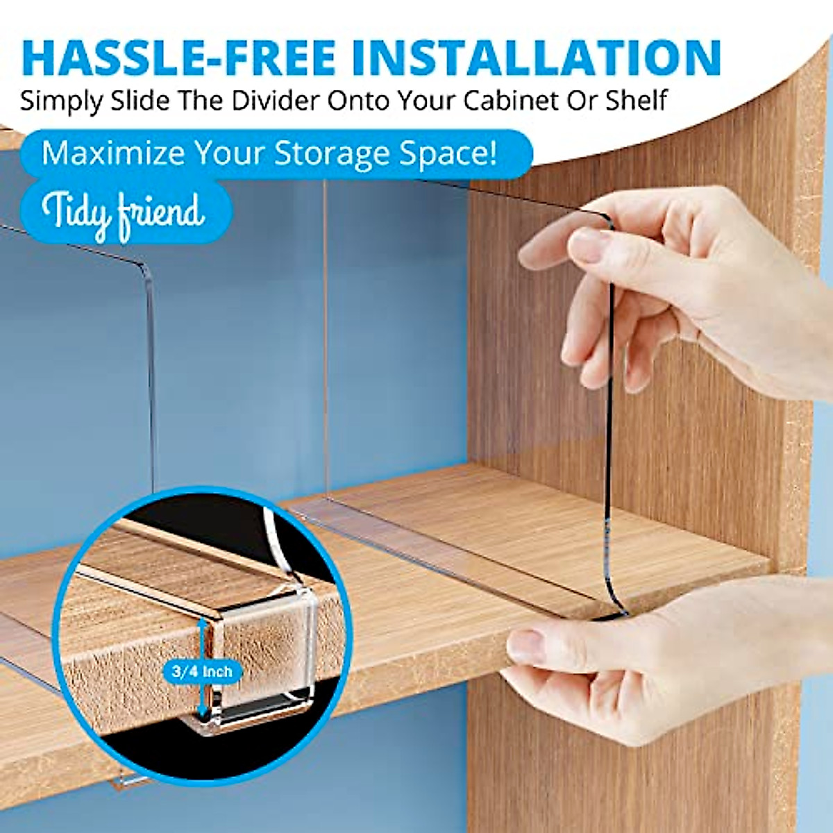 Tidy Friend Clear Acrylic Shelf Dividers for Closet Organization - Durable Closet Shelf Divider, Book Shelf or Pantry Shelf Divider for Wood Shelves - Pack of 4 Space Saving Shelf Organizers