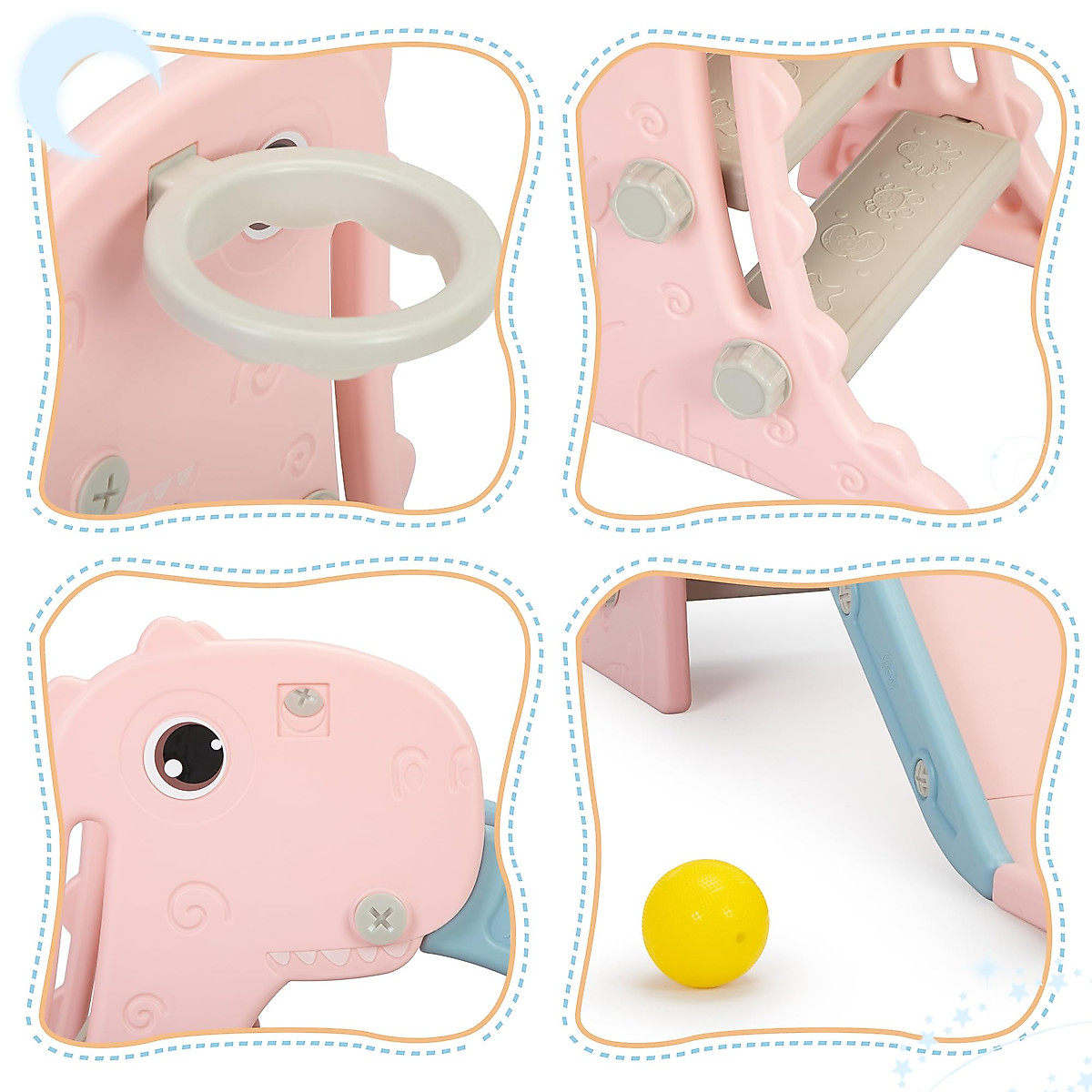 3 in 1 Freestanding Toddler Slide, Afaris Indoor Outdoor Playground with Basketball Hoop and Ball for Kids Boys Girls Under 3 Years, Pink