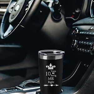 Set of 2 10th Wedding Engagement Anniversary Tumblers for Couples Parents 20 Ounce Stainless Steel Insulated Car Tumbler Travel Mug Mr Right Mrs Always Right 10 Years Anniversary Funny Present