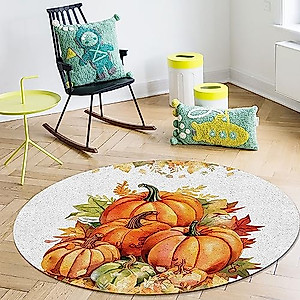 Autumn Pumpkins Round Area Rug 3ft,Washable Outdoor Indoor Carpet Runner Rug for Bedroom,Kitchen,Living Room,Office,Area+Rug Small Bath Door Desk Floor Mat Thanksgiving Eucalyptus Maple Leaves