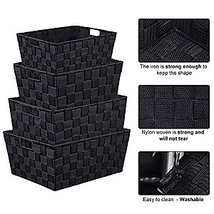 LEAVINSKY Woven Storage Box, Woven Strap Storage Basket Bin Container, Stackable Storage Basket, Woven Strap Shelf Organizer, Nylon Storage Basket for Closet, Office, 4 Pack, Black