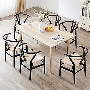 Farini Wishbone Chairs for Dining Room Solid Wood Rattan Chair Armchairs Y Shaped Backrest Hemp Seat for Home Restaurant Fully-Assembled(Set of 2,Black-Beige Seat)