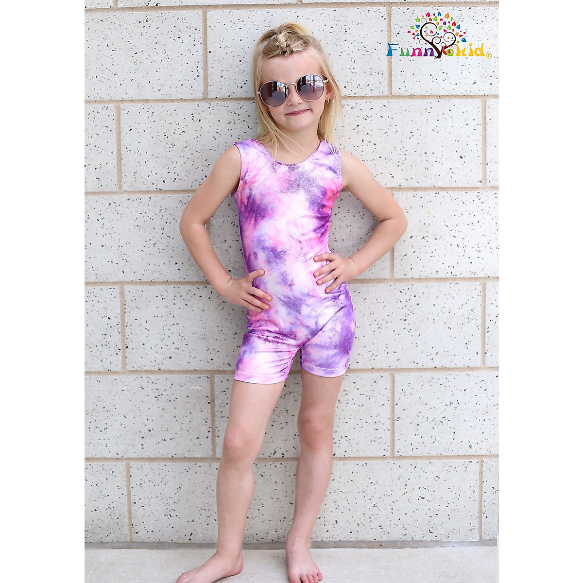 Funnycokid Gymnastics Leotards for Girls Purple Tie Dye Outfits Sparkly Biketards with Shorts Sleeveless Unitards 7-8 Years