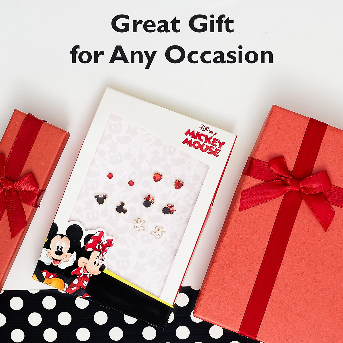 Disney Mickey and Minnie Mouse Earrings 5 Pack Official License, Red Crystal and Enamel Plated Stud Earrings
