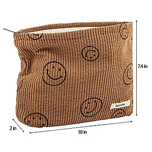 GUTGNK Makeup bag for Women, Corduroy Cosmetic Bag Aesthetic Design Ladies Tote Bag,Cute Smiley Face Makeup Organizer with Zipper - Brown