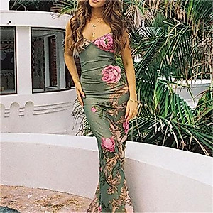 ABINGOO Women Vintage Spaghetti Strap Maxi Dress Sexy Low Cut Backless Floral Satin Slip Long Dress Y2k Cami Bodycon Dresses 8-Green Floral L