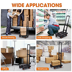 Folding Hand Truck, 100LBS Foldable Hand Truck Dolly, Adjustable Portable Luggage Cart with 4 Wheels, Utility Cart Collapsible Hand Truck & 2 Elastic Ropes for Luggage, Travel, Moving, Shopping