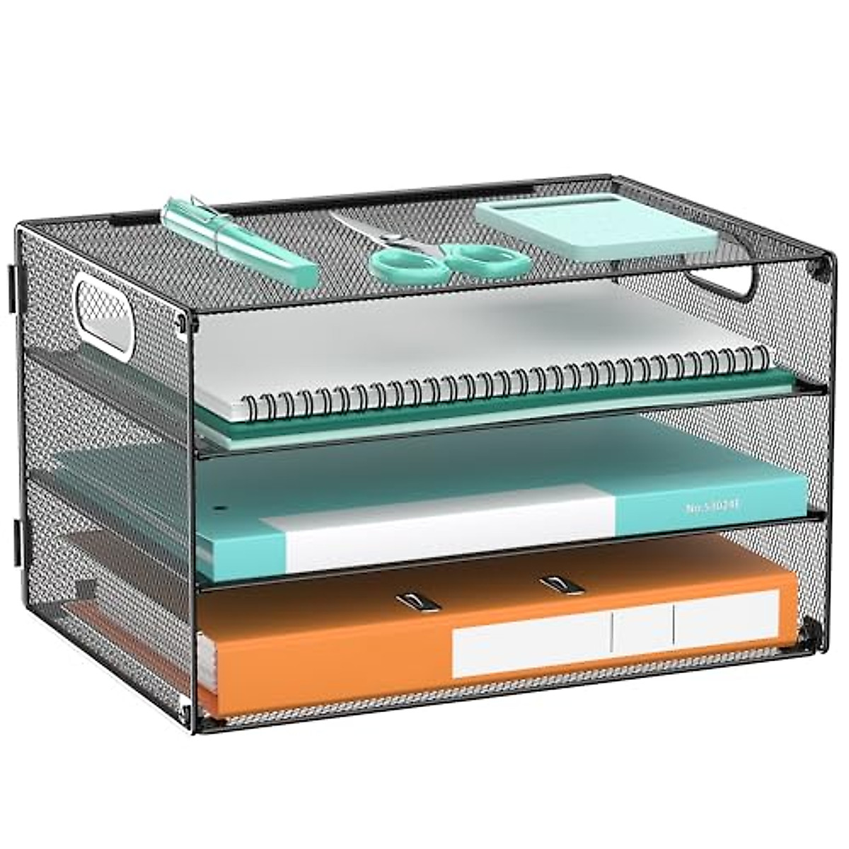 4-Tier Letter Tray Paper Organizer with Handle,Mesh File Holder Organization Document Storage for Office Home School, Black