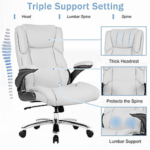 400lbs Big and Tall Office Chair Ergonomic Adjustable Rolling Swivel PU Leather Desk Chair with Padded Flip-up Armrest, High Back Executive Lumbar Support Task Work Chair for Heavy People,White